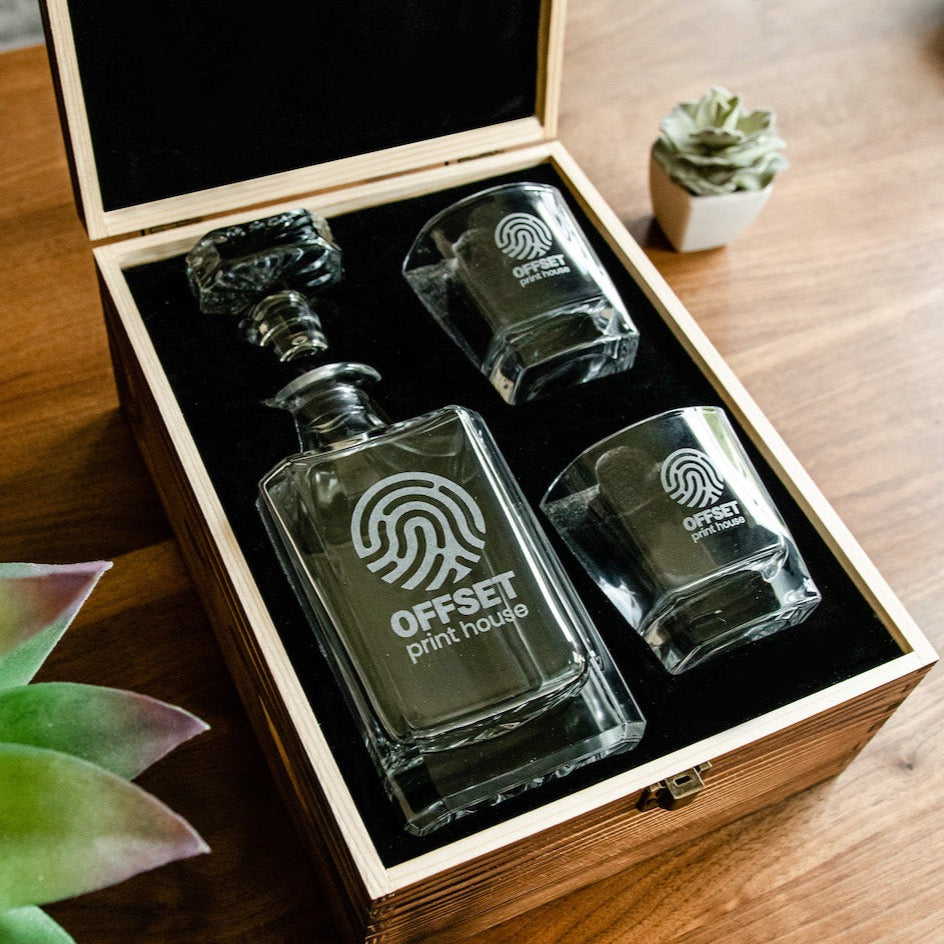 Whiskey Decanter - Wood Box Set | Swanky Badger – swankypromo.com